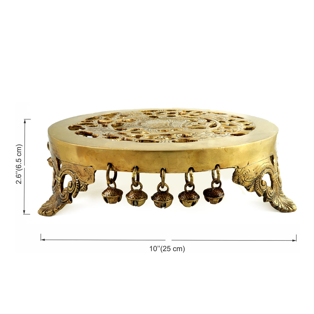 Brass Ethnic Pillar Design Handcrafted 10 Inches Round Pooja Chowki ...